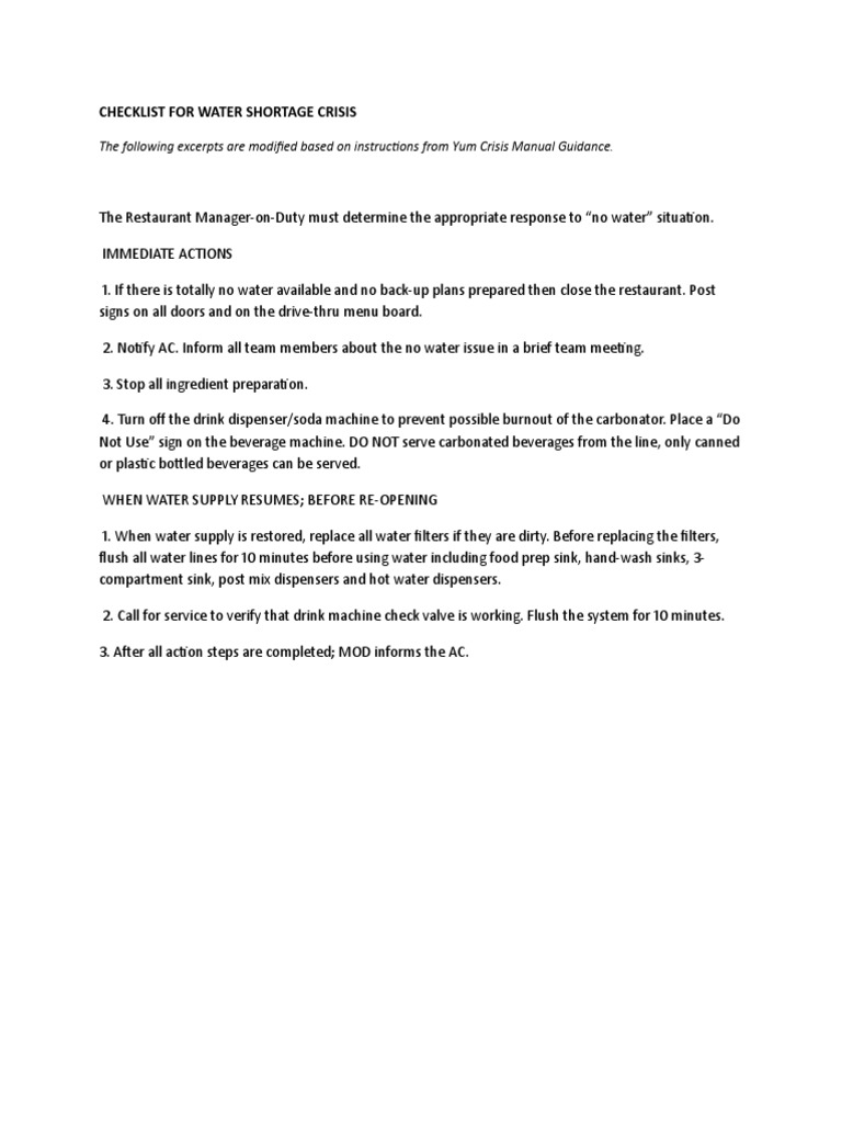 Water Shortage Crisis Response Checklist | PDF
