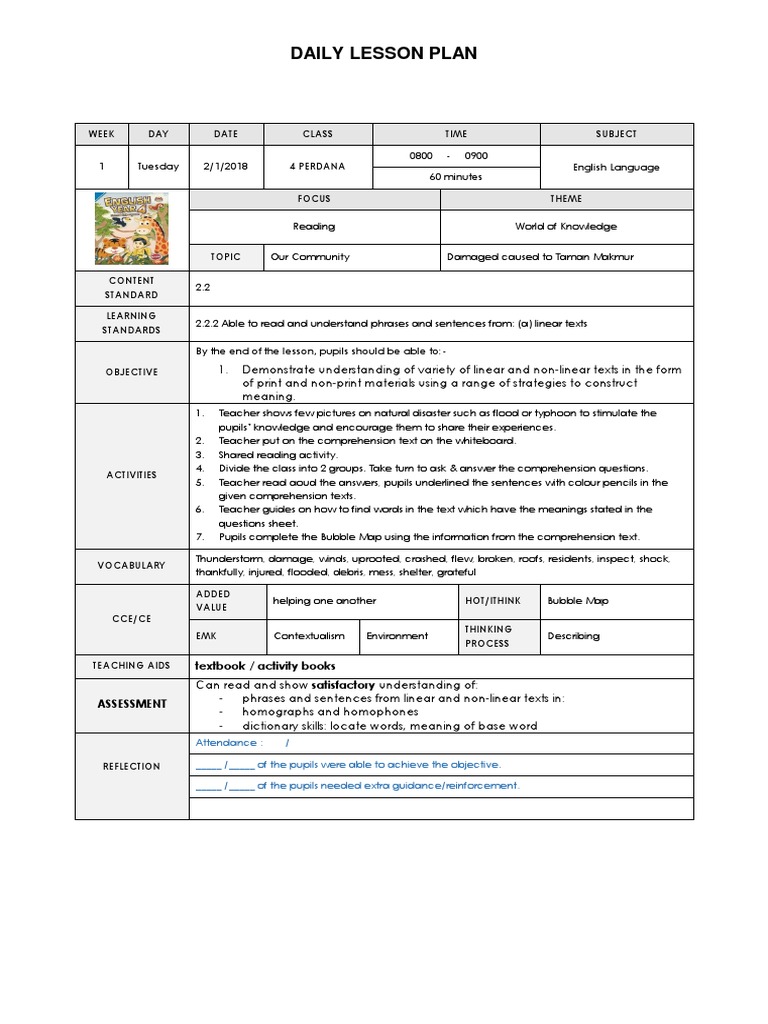 Daily Lesson Plan: Textbook / Activity Books | PDF | Reading ...