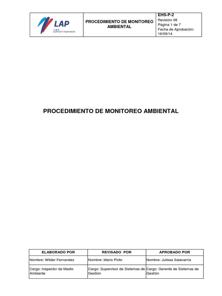 EHS-P-2 PROCEDIMIENTO DE MONITOREO AMBIENTAL.pdf | Evaluación de impacto ambiental | Logística
