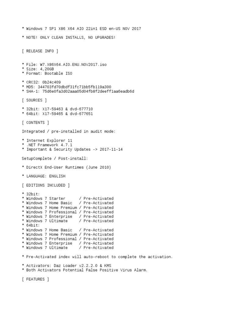 Windows 7 Sp1 x86 x64 Aio 22in1 Esd En-Us Nov 2017 (Gen2) | PDF
