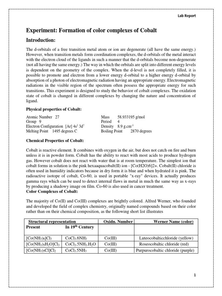 Cobalt Complex Color Variations Lab Report | PDF | Coordination Complex ...