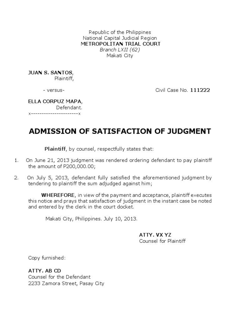 Admission of Satisfaction of Judgment | PDF