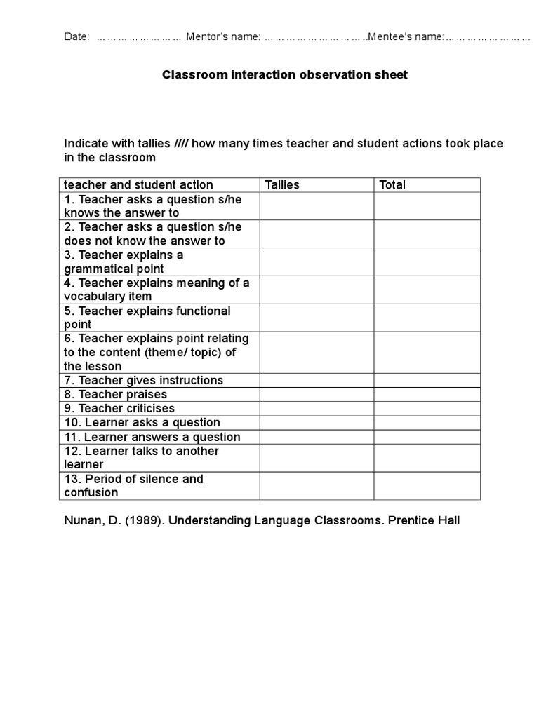 Classroom Interaction Observation Sheet | PDF