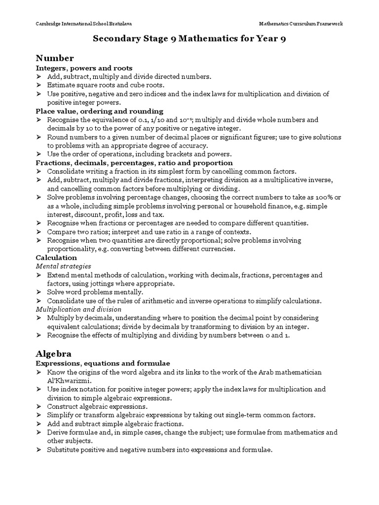 Stage 9 Maths Curriculum Framework 2018 (Checkpoint) | PDF ...