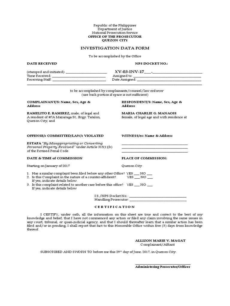 Investigation Data Form 2 | PDF | Prosecutor | Complaint