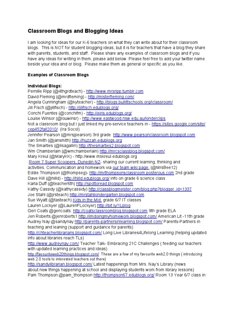 Classroom Blogs and Blogging Ideas | PDF | Teachers | Blog