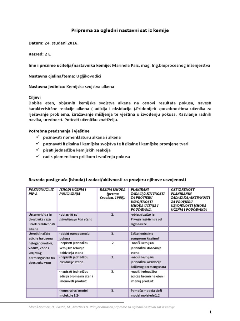 Priprema Za Ogledni Sat - Strucni Ispit - Kemijska Svojstva Alkena) | PDF