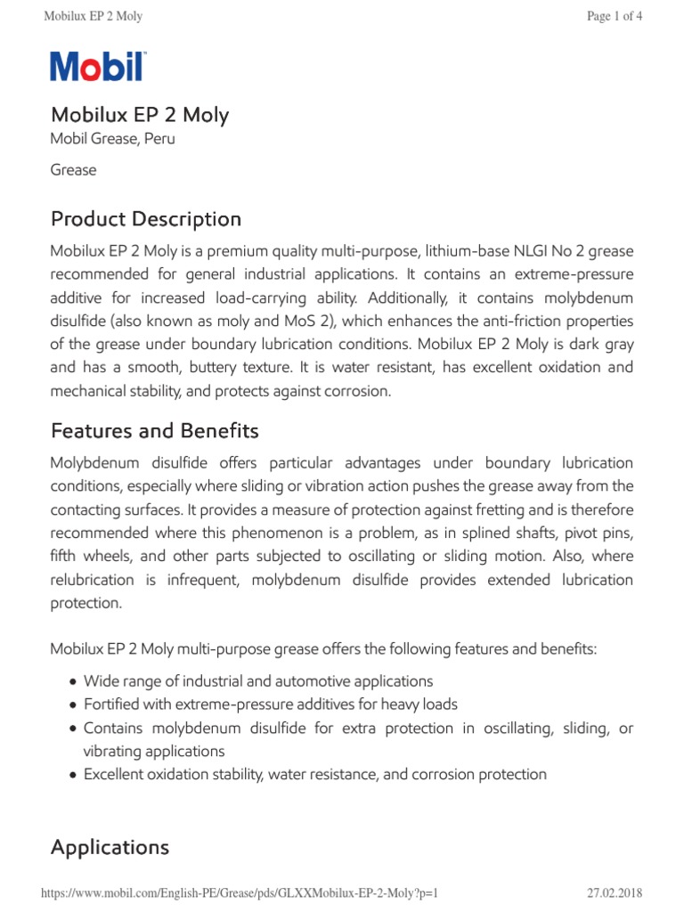 GLXXMobilux EP 2 Moly | PDF | Exxon Mobil | Bearing (Mechanical)