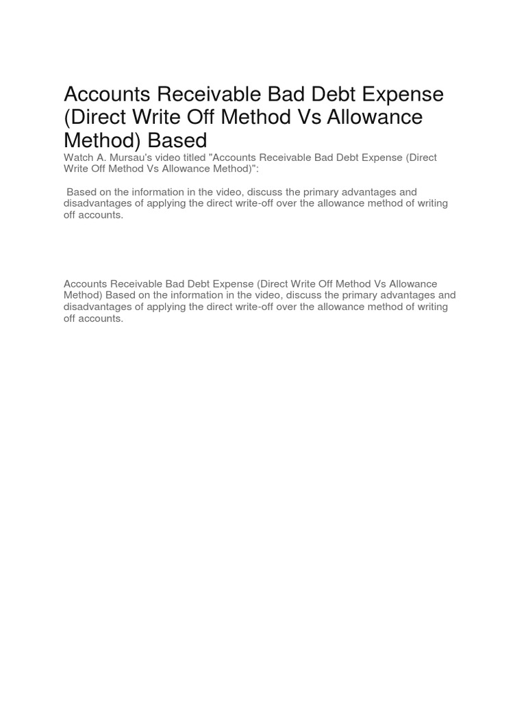 Accounts Receivable Bad Debt Expense (Direct Write Off Method Vs ...