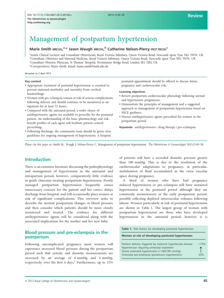 Management of Postpartum Hypertension PDF | PDF | Hypertension | Blood ...