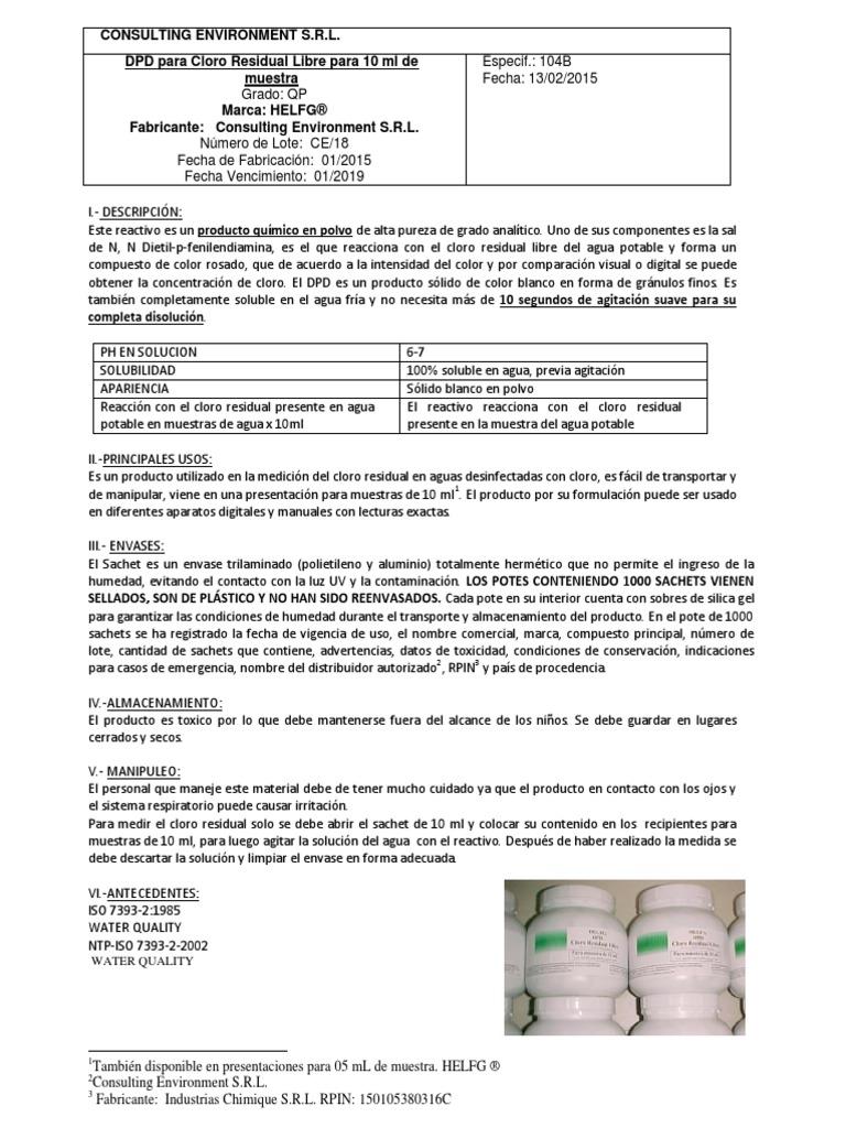 Dpd Cloro Libre 10ml Cloro Solubilidad