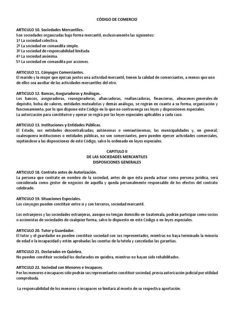 Formas de sociedades mercantiles y disposiciones generales en el Código de Comercio de Guatemala ...