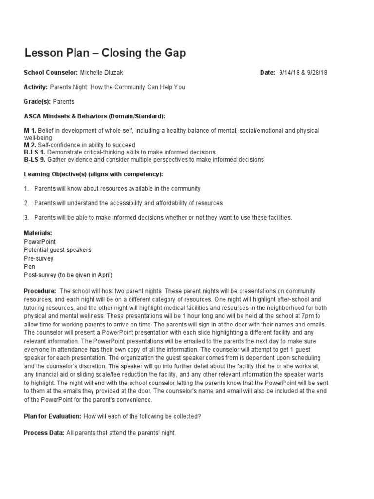 Closing The Gap Lesson Plan Surveys | PDF | School Counselor | Behavior Modification