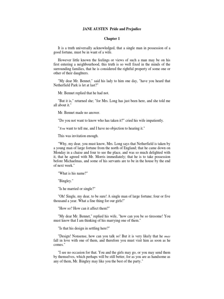 Chapter 1 Jane Austen Pride and Prejudice | PDF | Pride And Prejudice