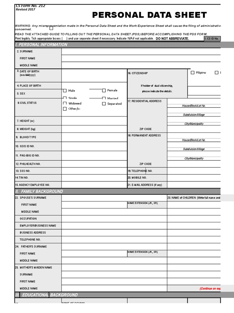 032117 CS Form No. 212 Revised Personal Data Sheet New | Crimes | Crime ...