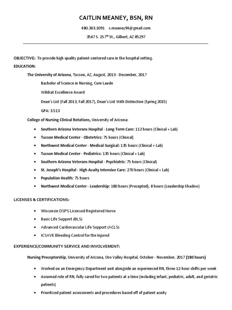 Meaney Caitlin RN Resume | PDF | Intravenous Therapy | Nursing