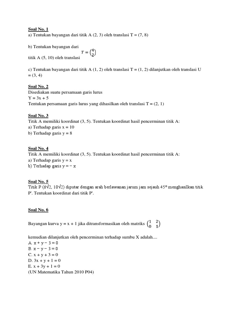 Latihan Soal UN Dan UH Transformasi Geometri | PDF