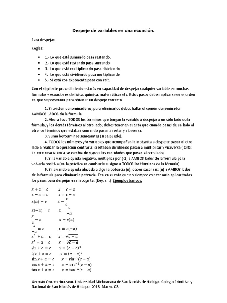 Despeje de Variables en Una Ecuación. Ejercicios Prácticos. | PDF ...