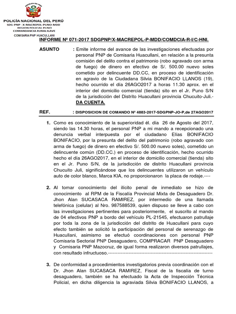 Informe sobre la investigación en curso del robo a mano armada en una ...