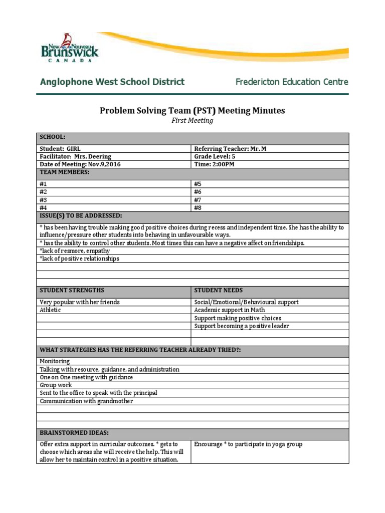 Anglophone West School District: Problem Solving Team (PST) Meeting ...