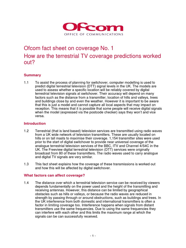 OFCOM Factsheet On Coverage Prediction For DTT | PDF | Antenna (Radio ...