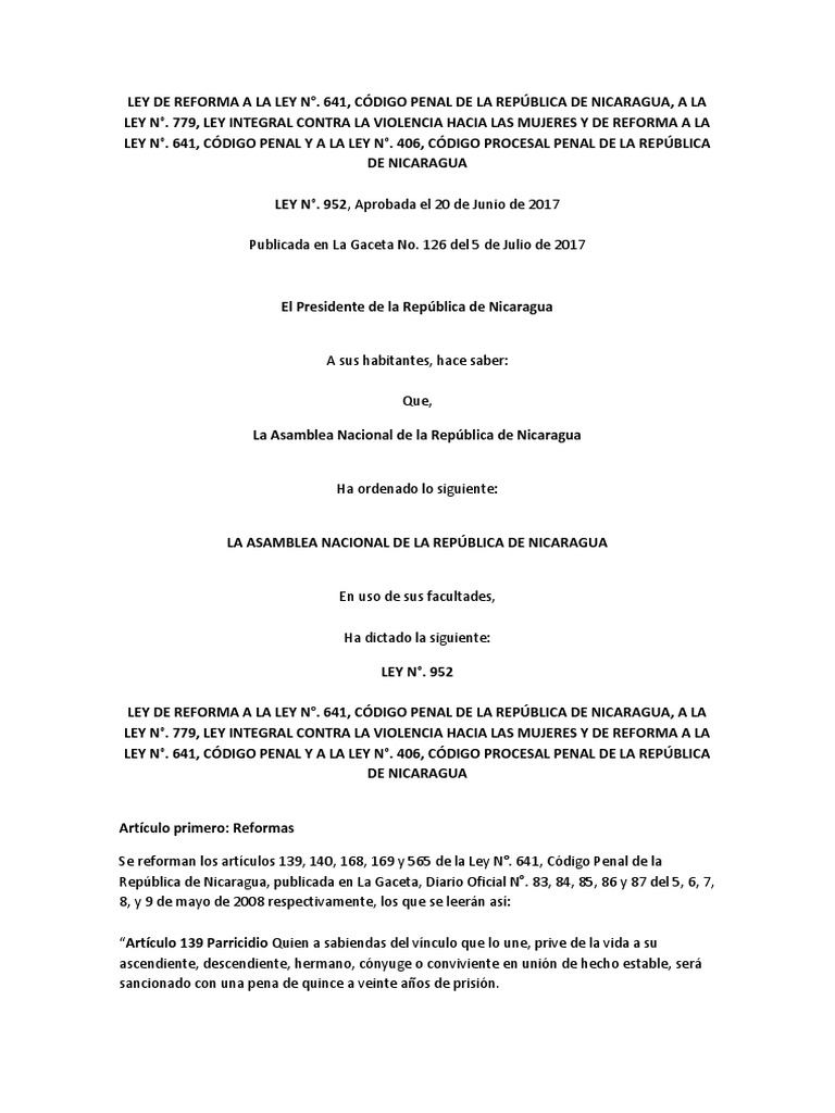 LEY DE REFORMA A LA LEY No 641 | PDF | Violación | Asesinato