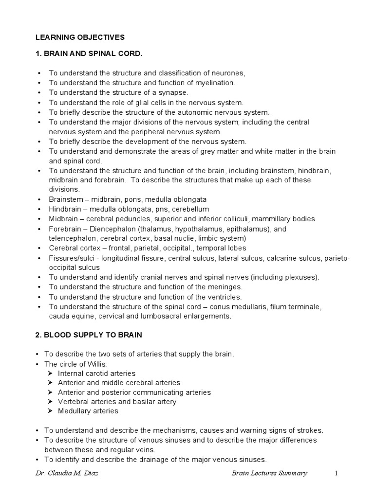 Learning Objectives 1. Brain and Spinal Cord.: Dr. Claudia M. Diaz ...