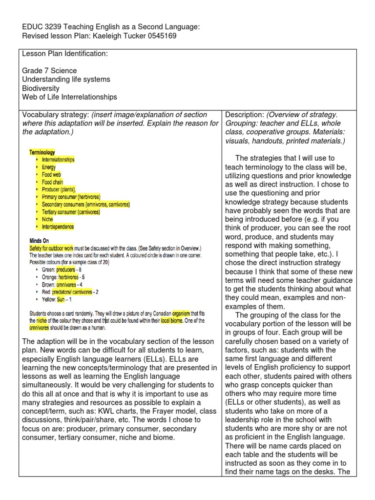 Kaeleigh Tucker Esl Lesson Plan Biodiversity | Lesson Plan | Nature