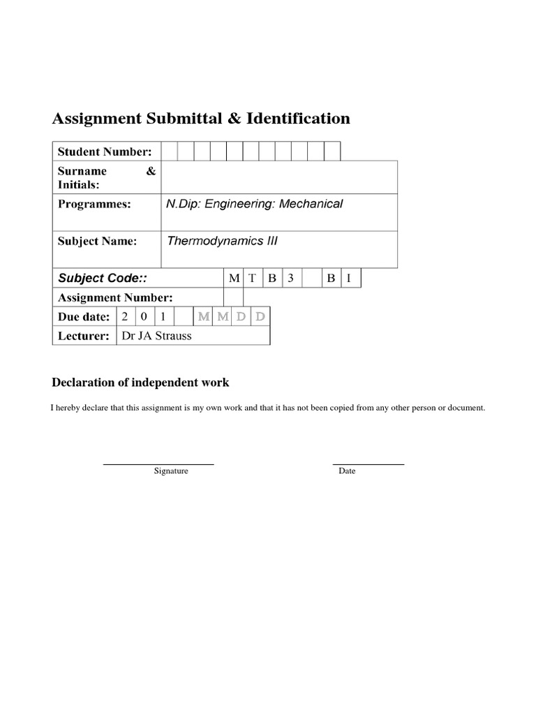 Assignment Submittal & Identification: Declaration of Independent Work ...