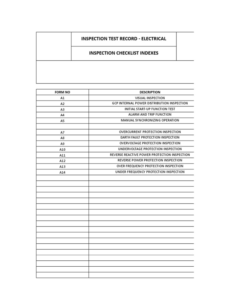 Electrical Inspection Test Checklist | PDF | Electric Generator ...