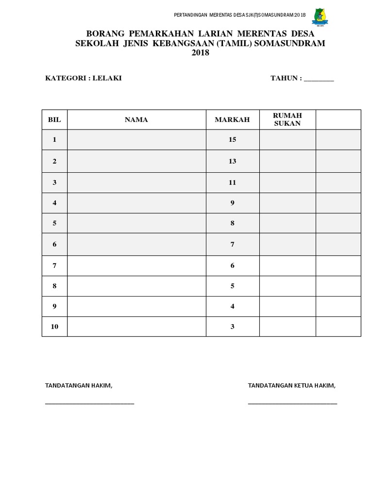 Borang Pemarkahan Larian Merentas Desa Sekolah Jenis Kebangsaan | PDF