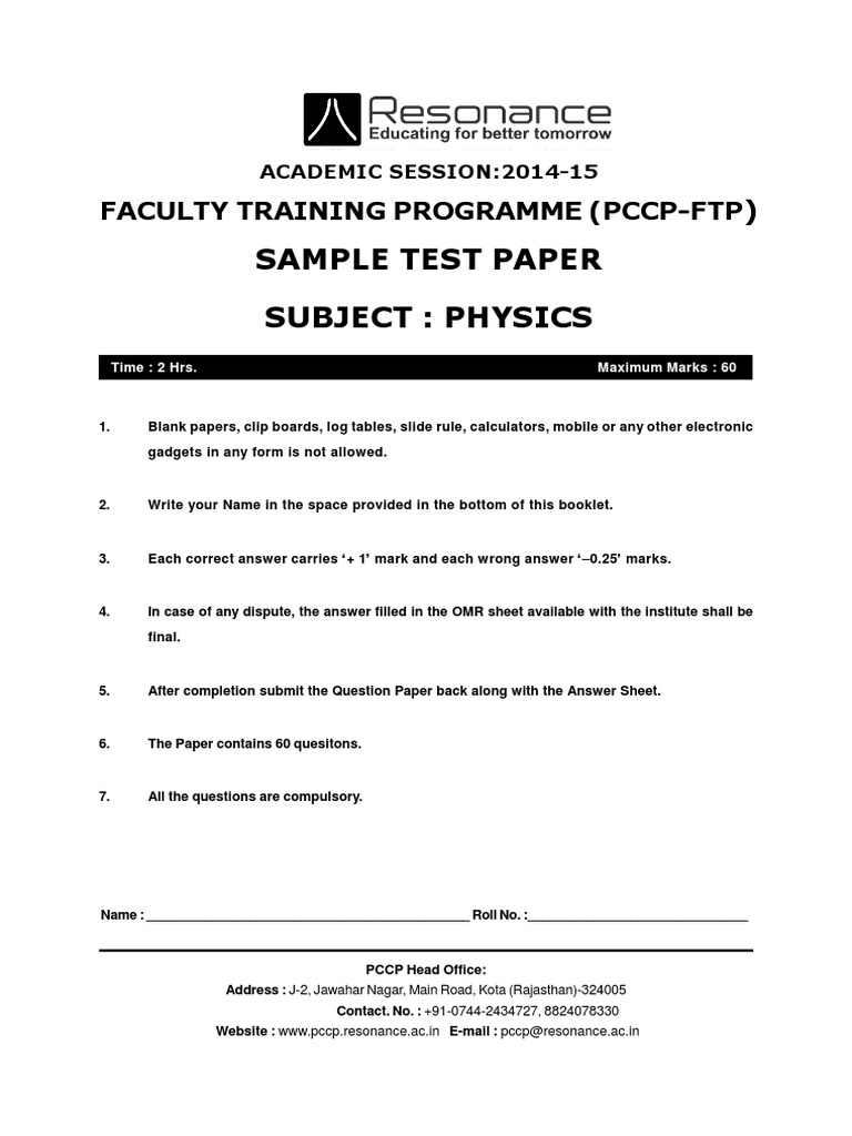 PCCP Sample Paper PDF | PDF | Telescope | Force