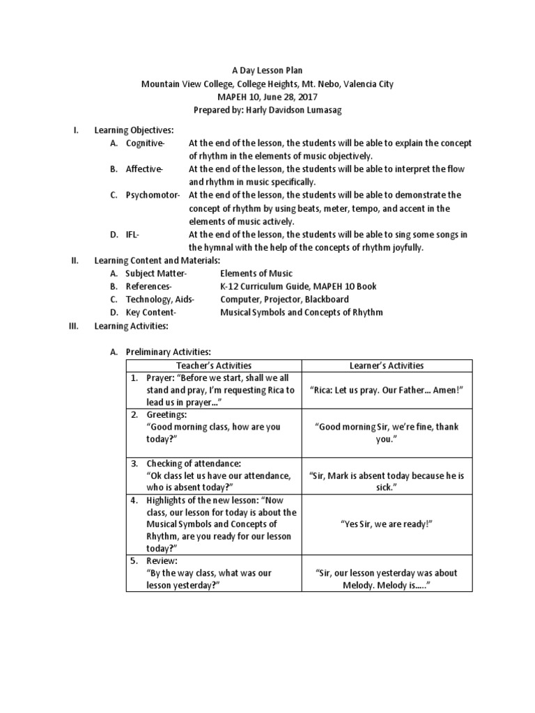 A Day Lesson Plan in Principles of Teaching 2 | PDF | Lesson Plan | Rhythm