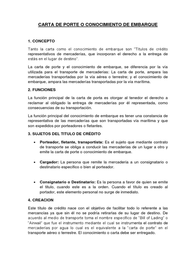 Carta de Porte o Conocimiento de Embarque | PDF | Guía de carga ...