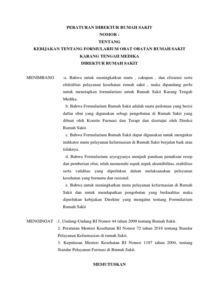 Sk Kebijakan Tentang Formularium Obat Obatan Rumah Sakit Pdf