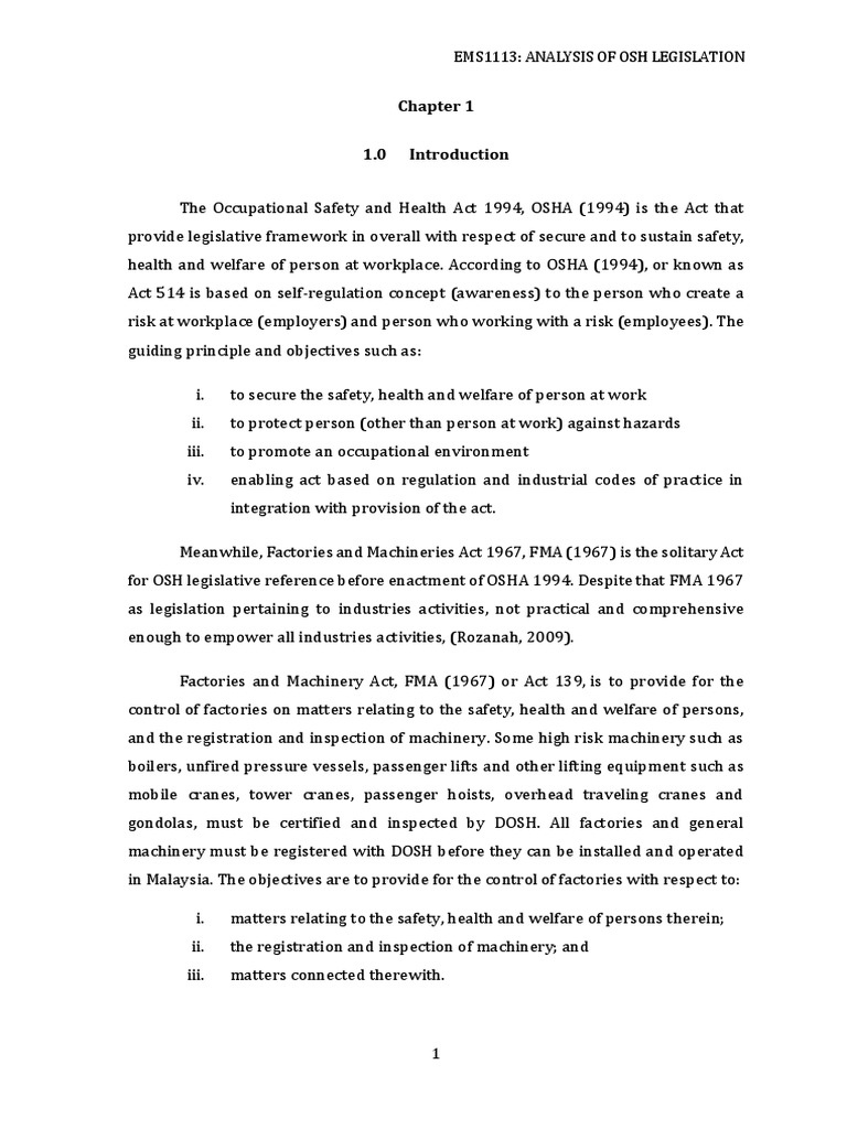 Analysis of Osh Legislation - Chapter 1 | PDF | Duty Of Care | Negligence