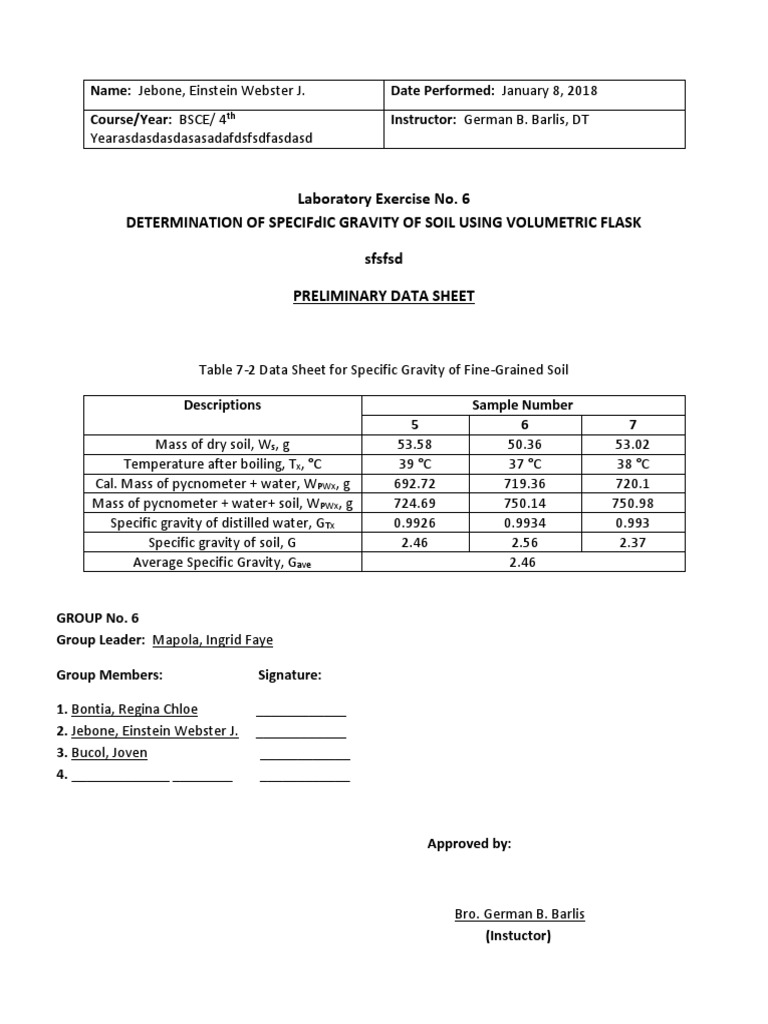 Laboratory Exercise No. 6 Determination of Specifdic Gravity of Soil Using Volumetric Flask ...
