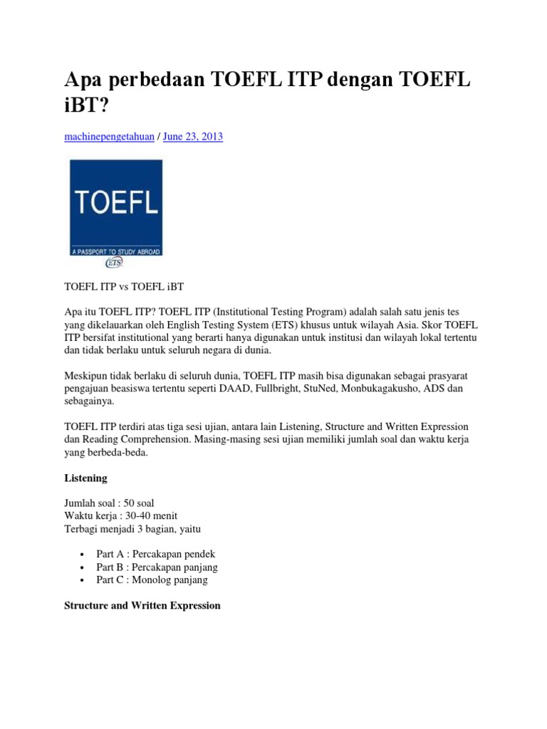 Apa Perbedaan TOEFL ITP Dengan TOEFL IBT | PDF | Karier & Perkembangan