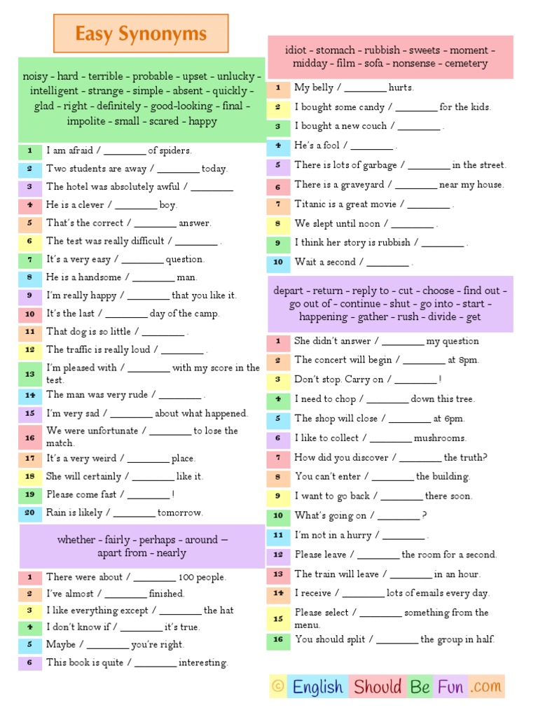 Easy Synonyms Grammar Drills 105176 | Leisure