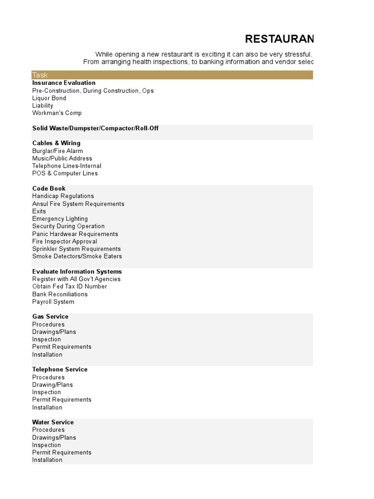 Restaurant Pre Opening Checklist | Download Free PDF | Menu | Restaurants