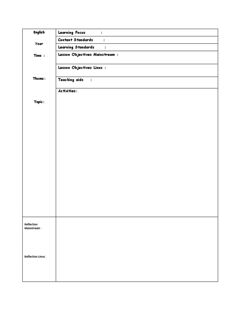 English Lesson Plan (Empty) | PDF