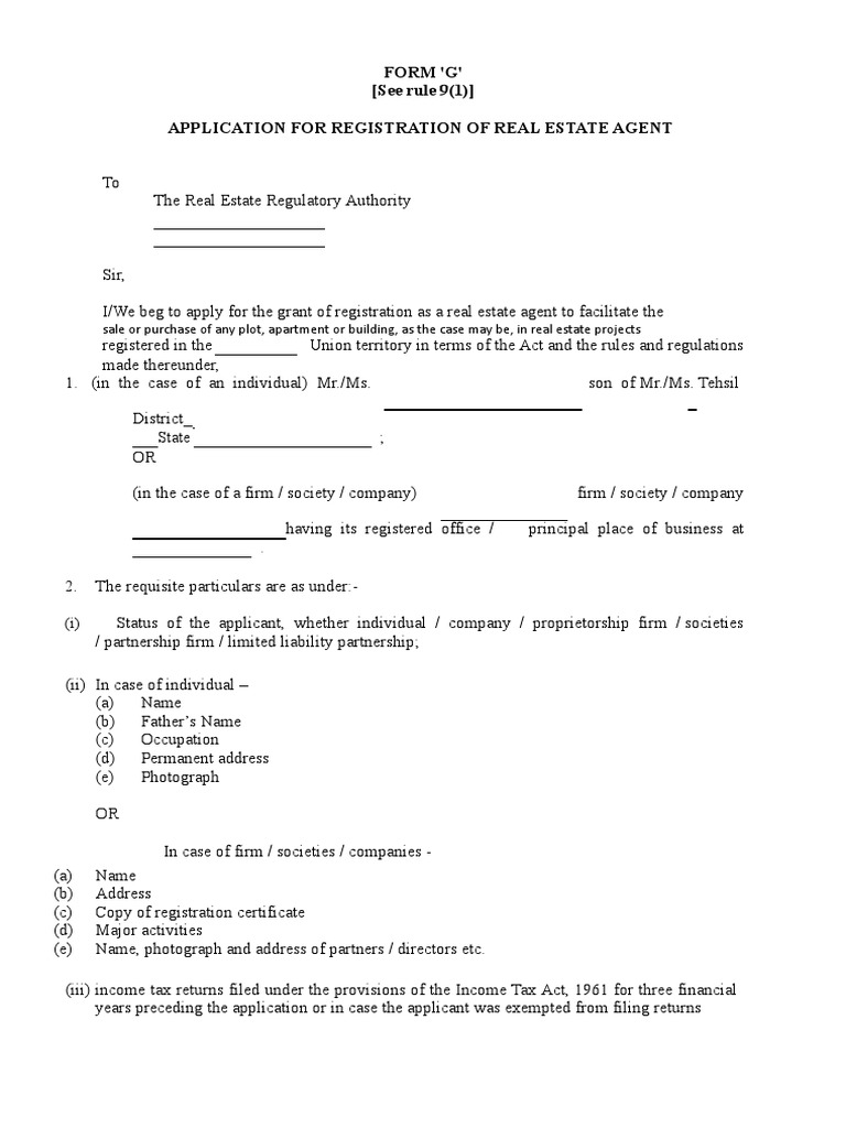 Form 'G' (See Rule 9 (1) ) Application For Registration of Real Estate ...