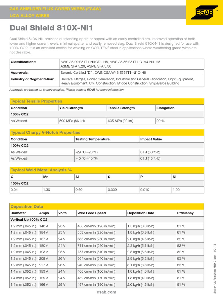 Esab, Dual Shield 810X Ni1 (248 en - US FactSheet - Main 01) | PDF ...