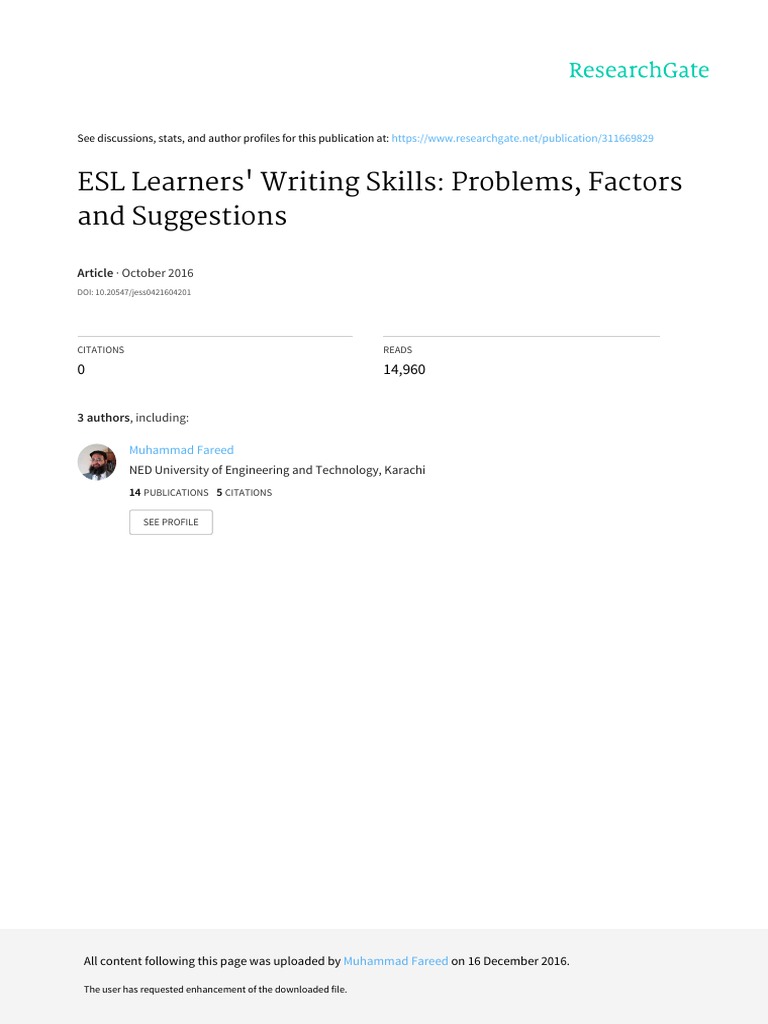 ESL Writing Skills: Challenges & Solutions | PDF | English As A Second ...