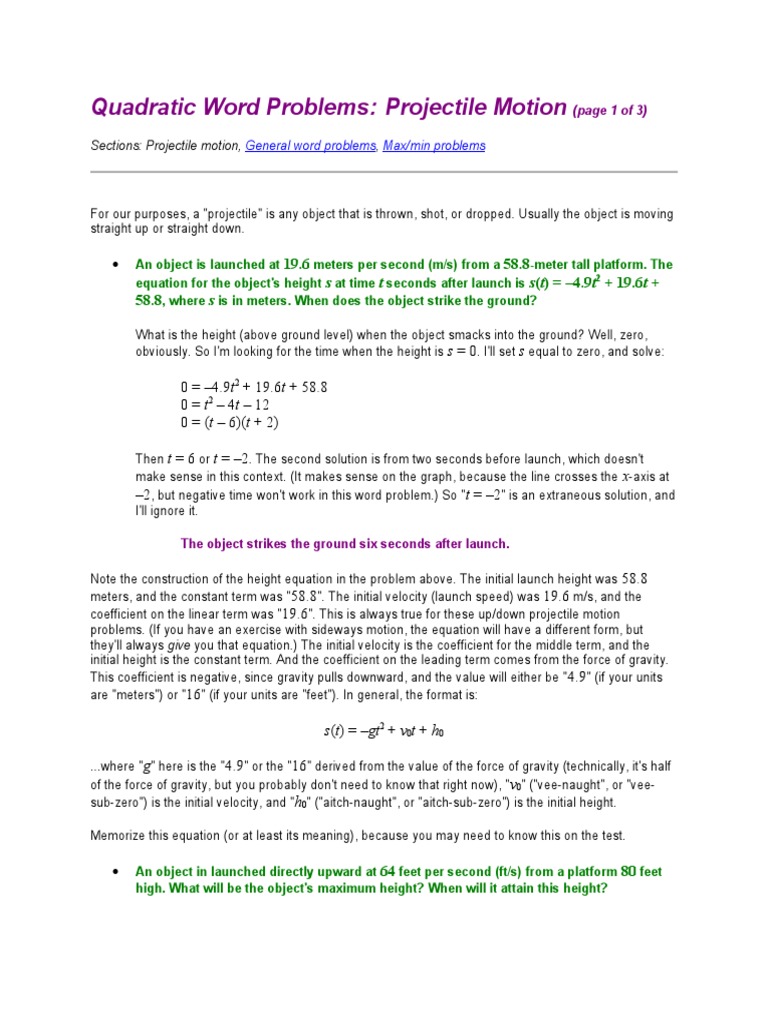 Quadratic Word Problems: Projectile Motion: S T S (T) - 4.9t S | PDF ...