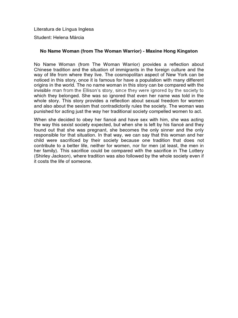 No Name Woman (From The Woman Warrior) - Maxine Hong Kingston | PDF