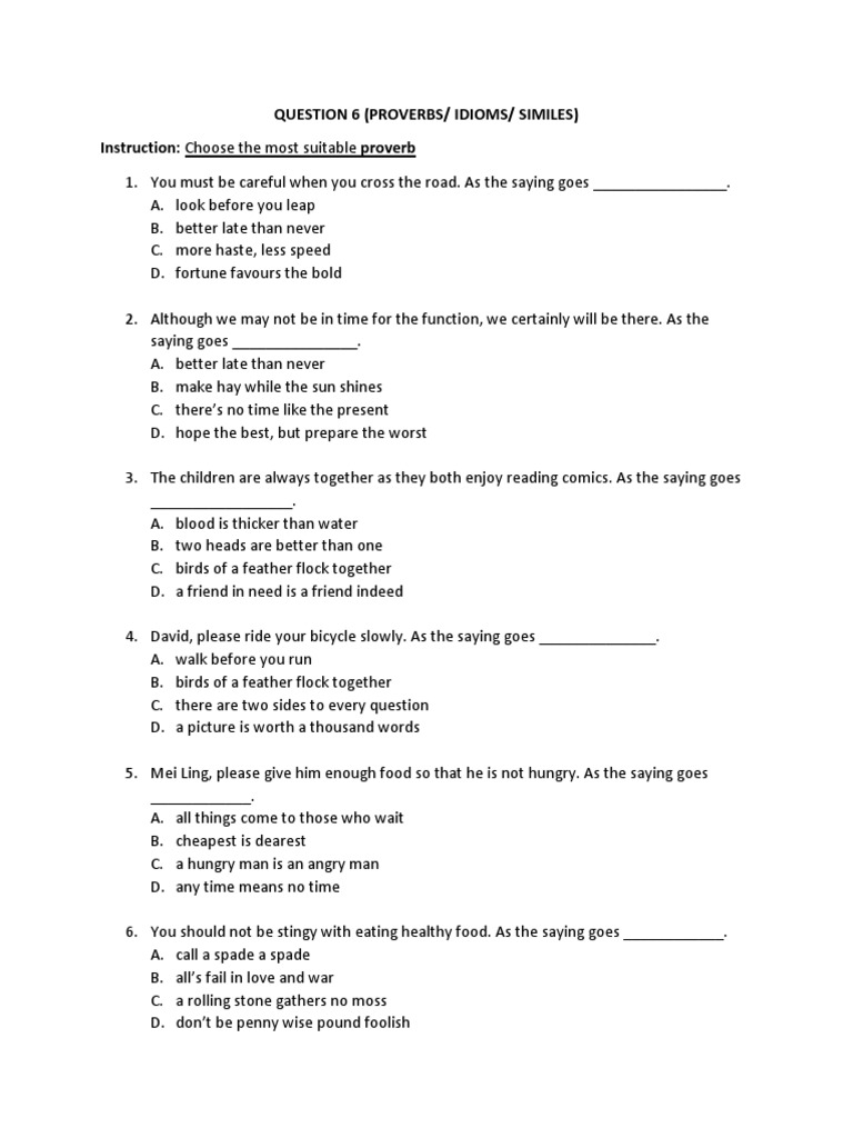 Proverbs, Idioms and Similes Quiz | PDF