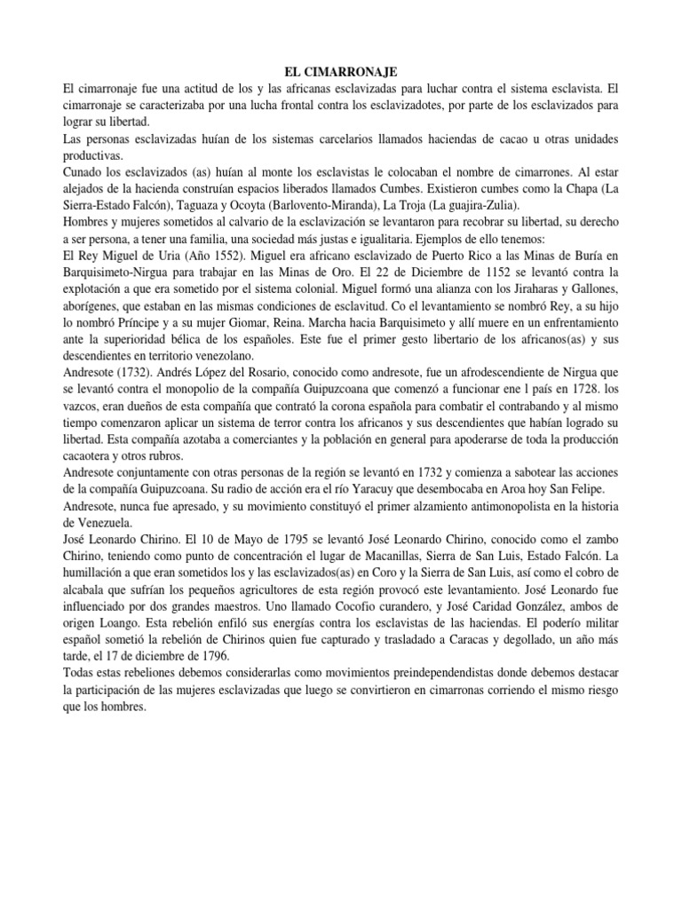 El Cimarronaje | PDF | Esclavitud | America latina