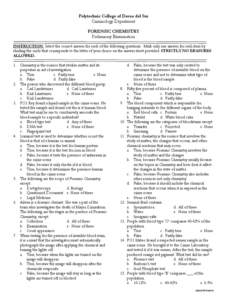 Forensic Chemistry Preliminary Exam | PDF | Forensic Science | Semen
