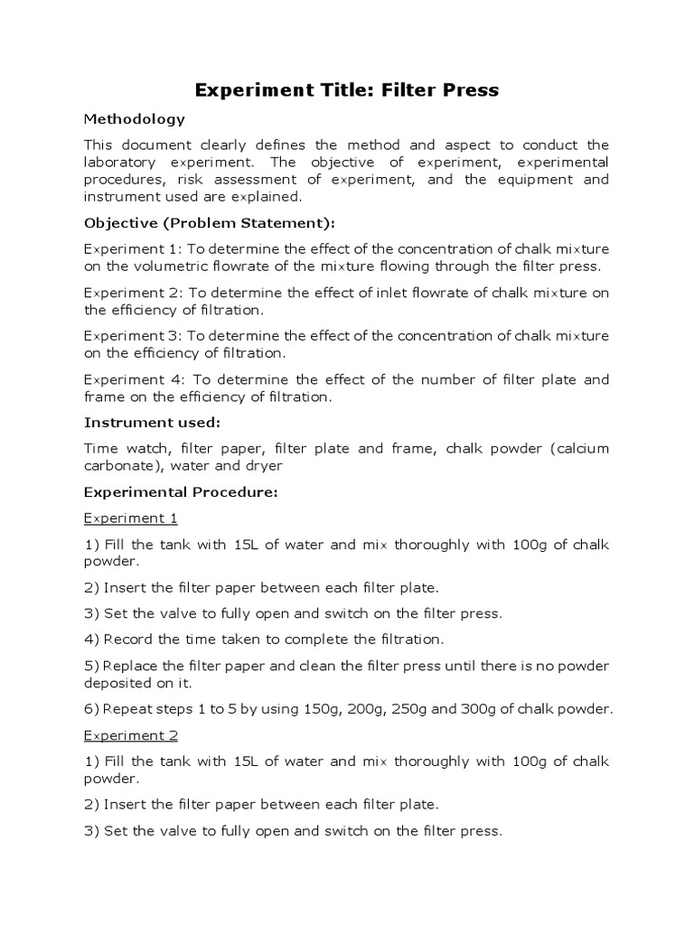 Filter Press Experiment | PDF | Filtration | Chalk